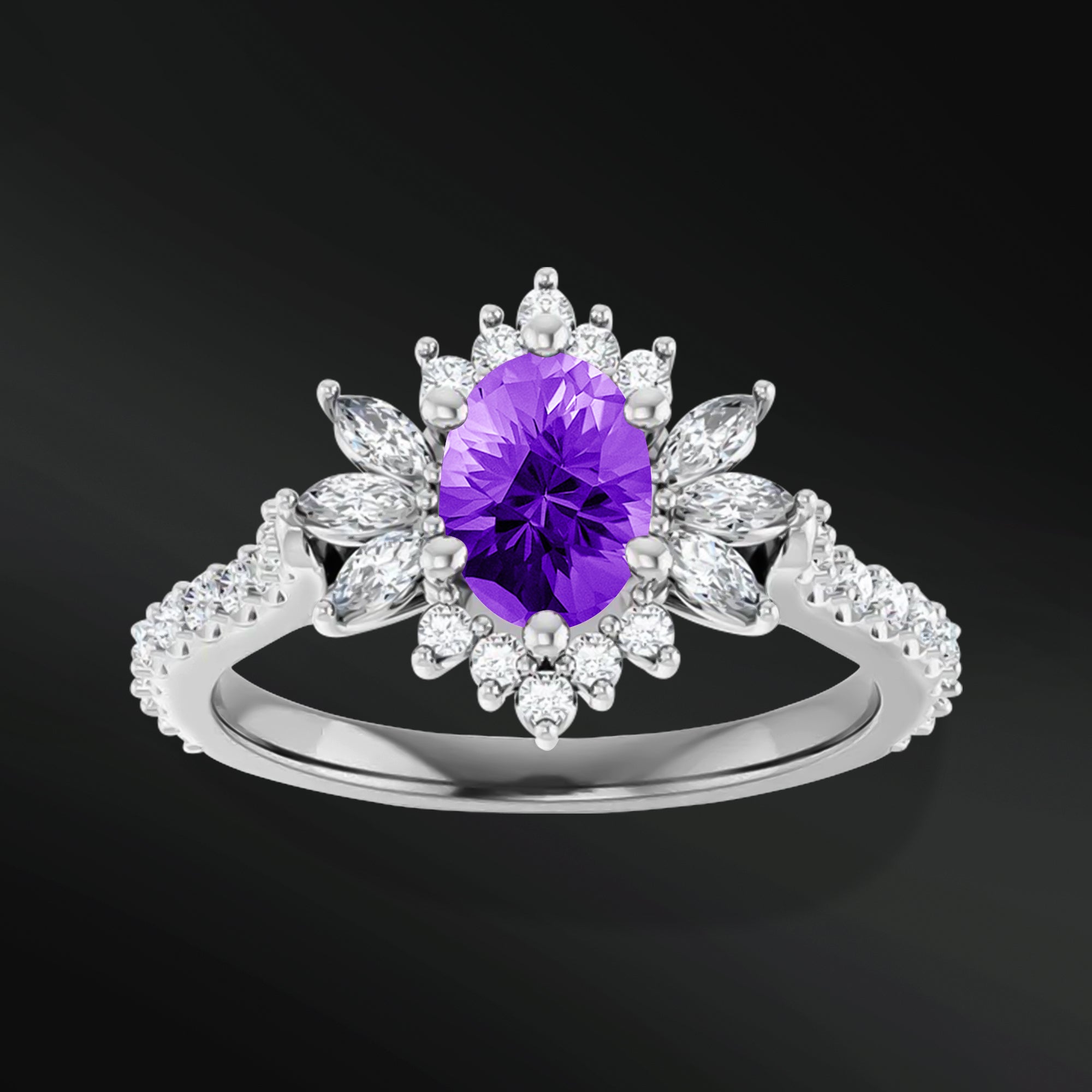 Twilight Spark - 14K Gold Engagement Ring | 7x5mm AAA Natural Amethyst