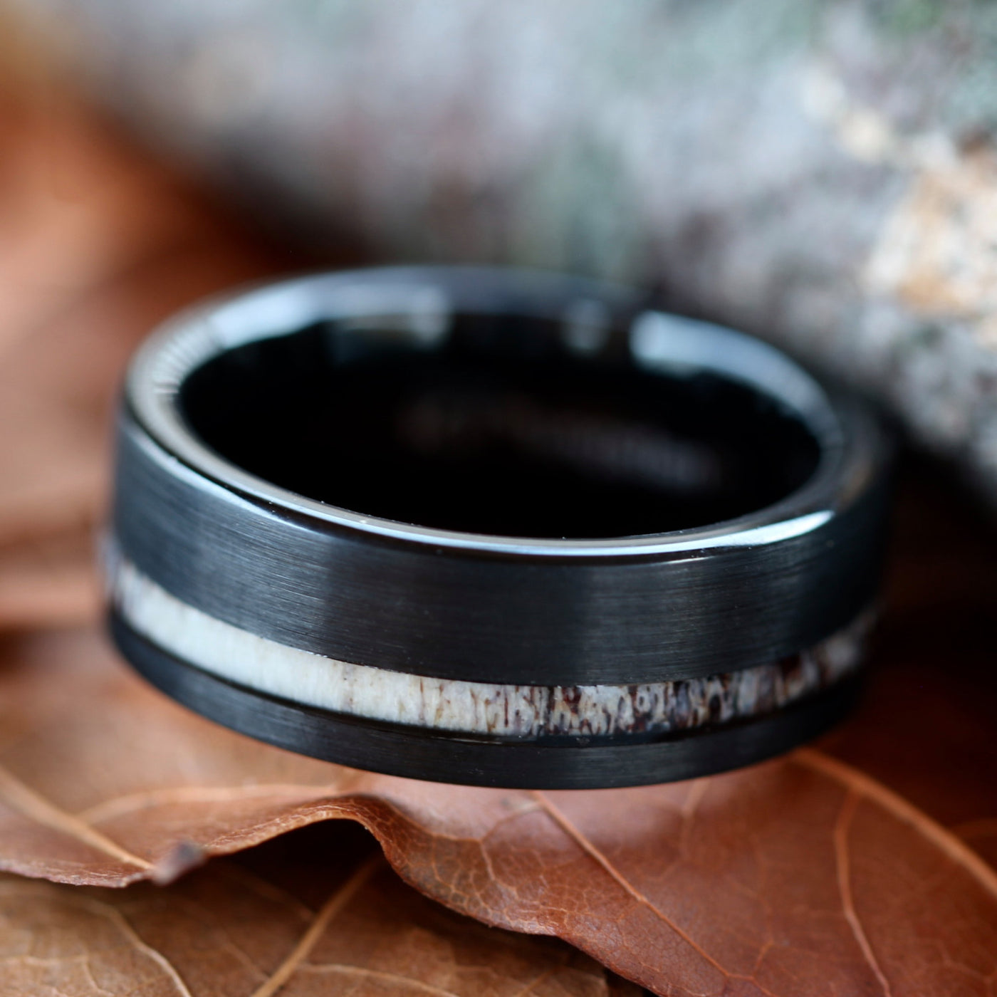 Black Tungsten Deer Antler Ring - Unisex Wedding Band Hunter Ring