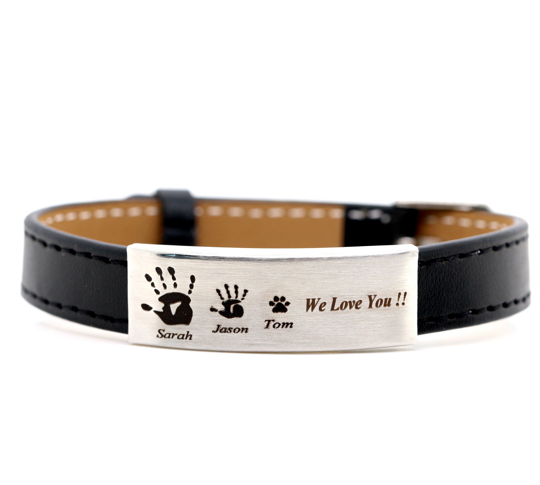 Custom Engraved Leather Bracelet Personalized Family Handprints Namepl